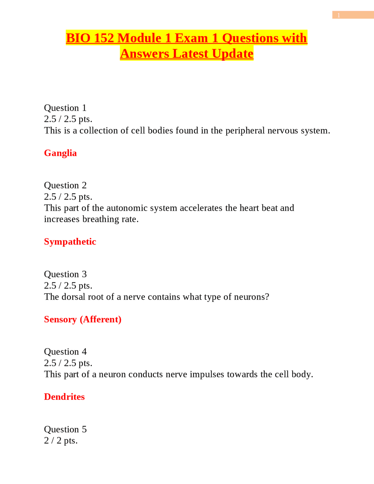 BIO 152 Module 1 Exam 1 Questions with Answers Latest Update | Exams ...