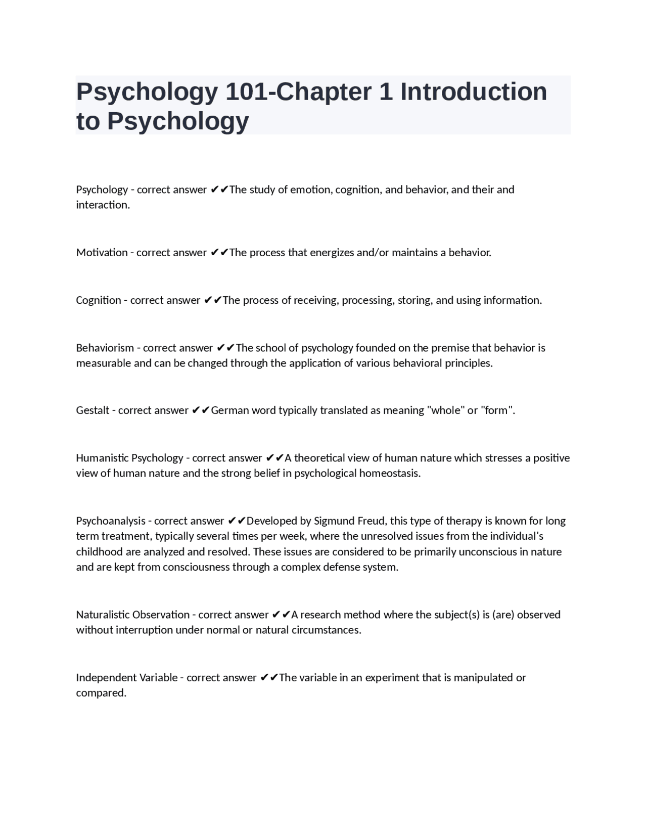 Psychology 101-Chapter 1 Introduction to Psychology fully solved | Exams Nursing | Docsity