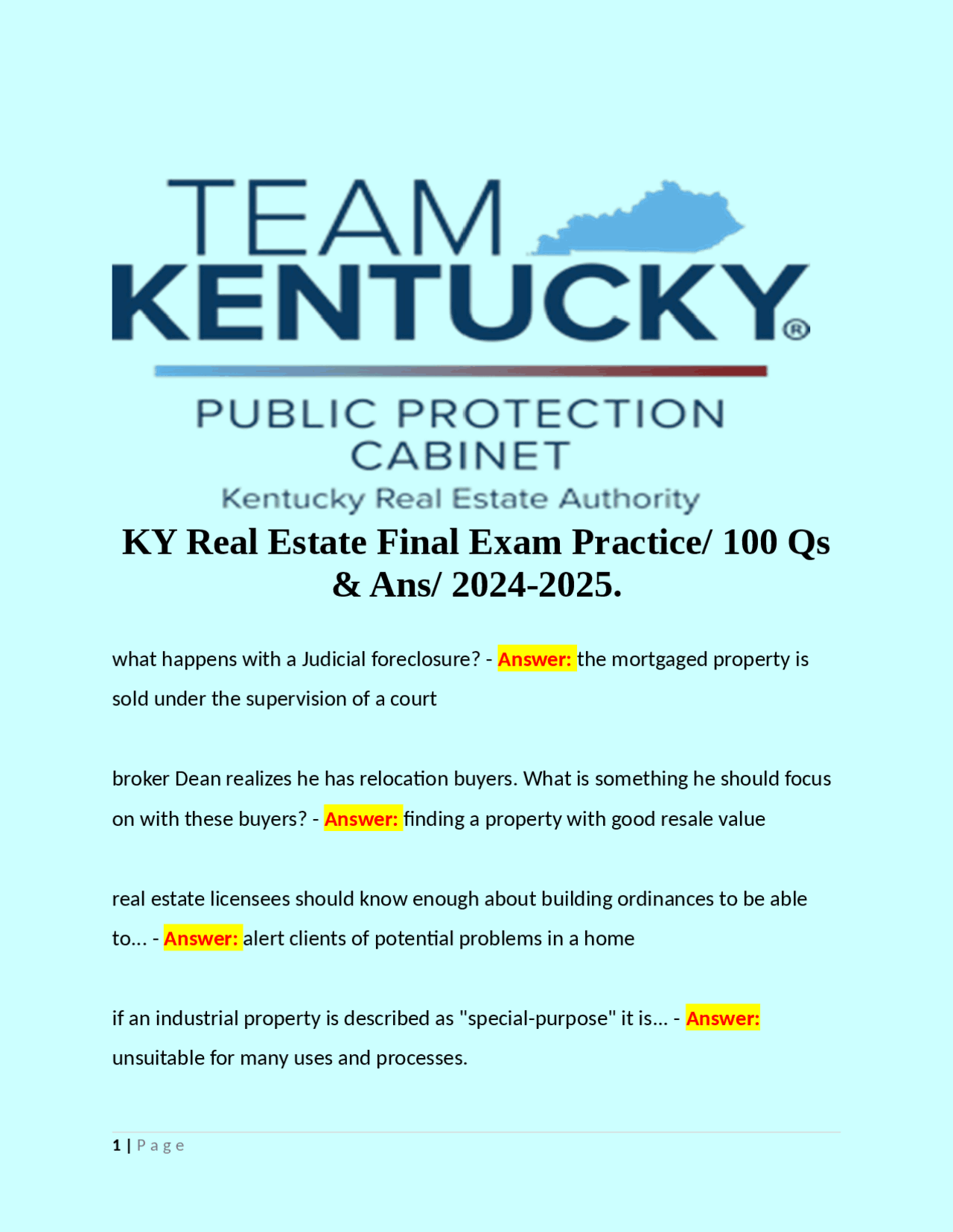 KY Real Estate Final Exam Practice/ 100 Qs & Ans/ 2024-2025. | Exams ...