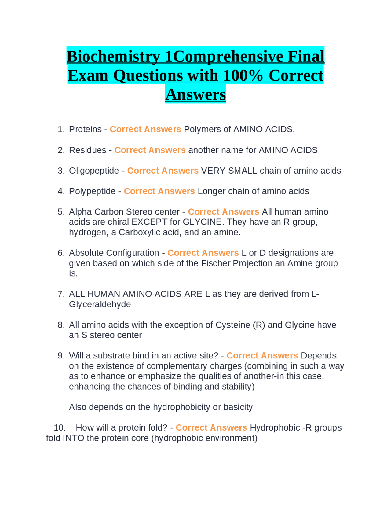 Biochemistry 1Comprehensive Final Exam Questions with 100% Correct ...