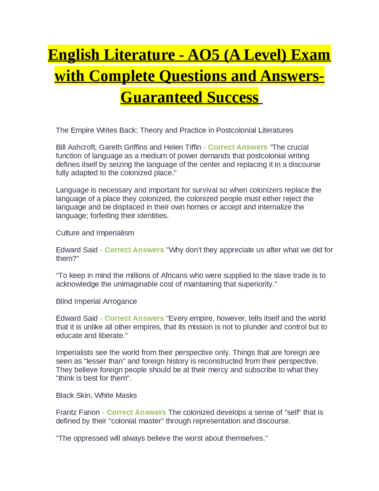 English Literature - AO5 (A Level) Exam with Complete Questions and ...