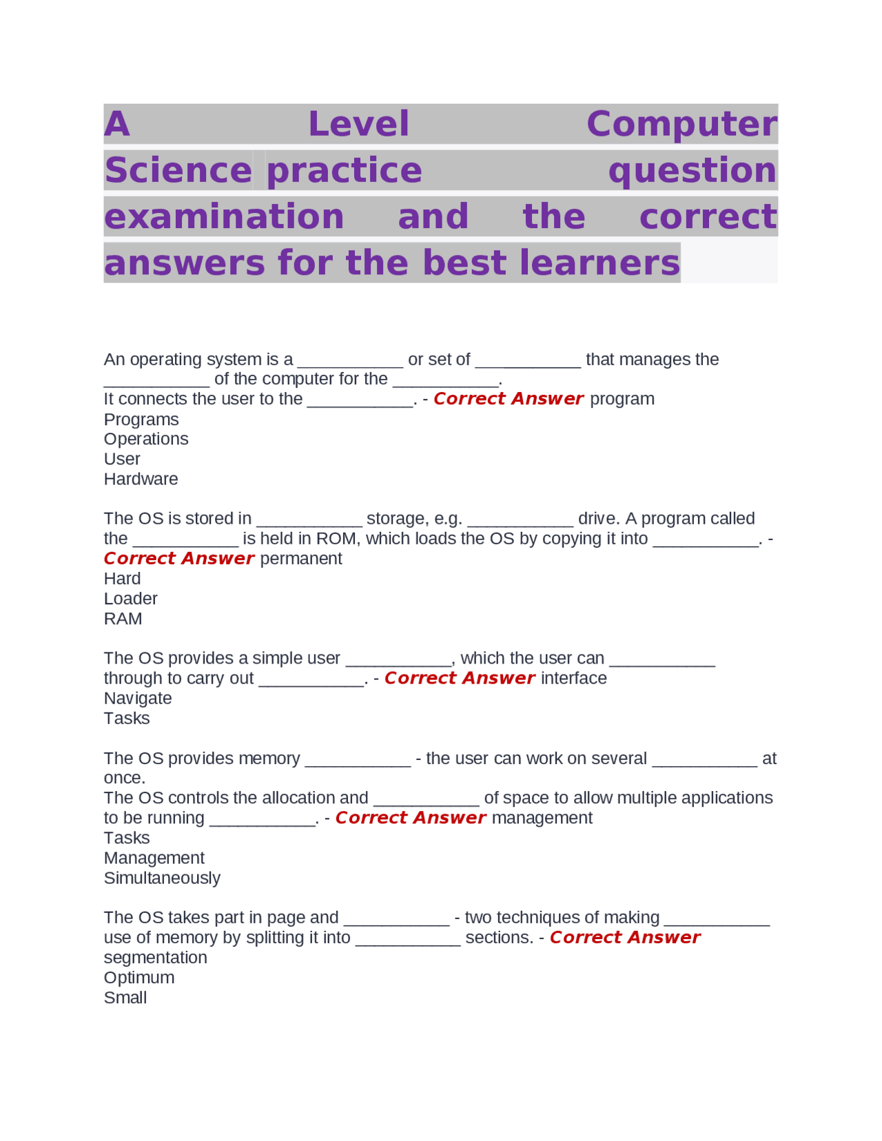 A Level Computer Science practice question examination and the correct answers for the bes ...