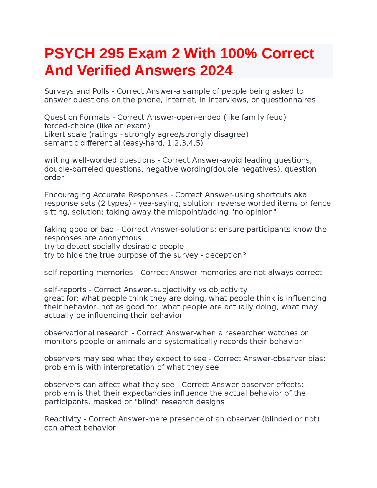 PSYCH 295 Exam 2 With 100% Correct And Verified Answers 2024 | Exams ...