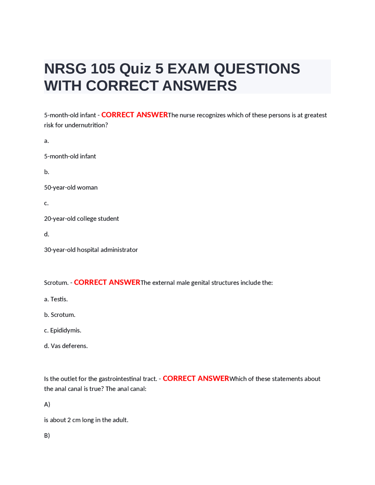 Nursing Exam Questions and Answers on Nutrition and Genitourinary ...