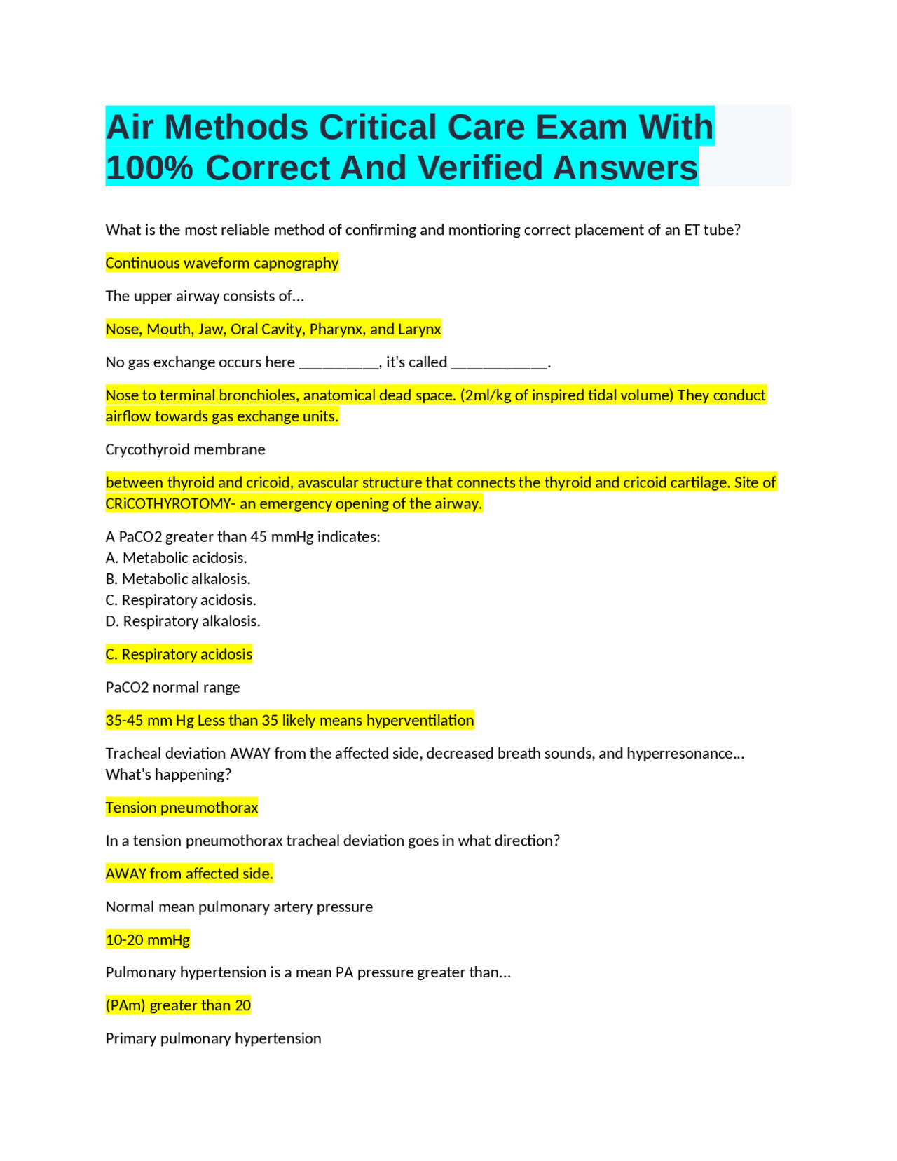 Air Methods Critical Care Exam With 100% Correct And Verified Answers ...