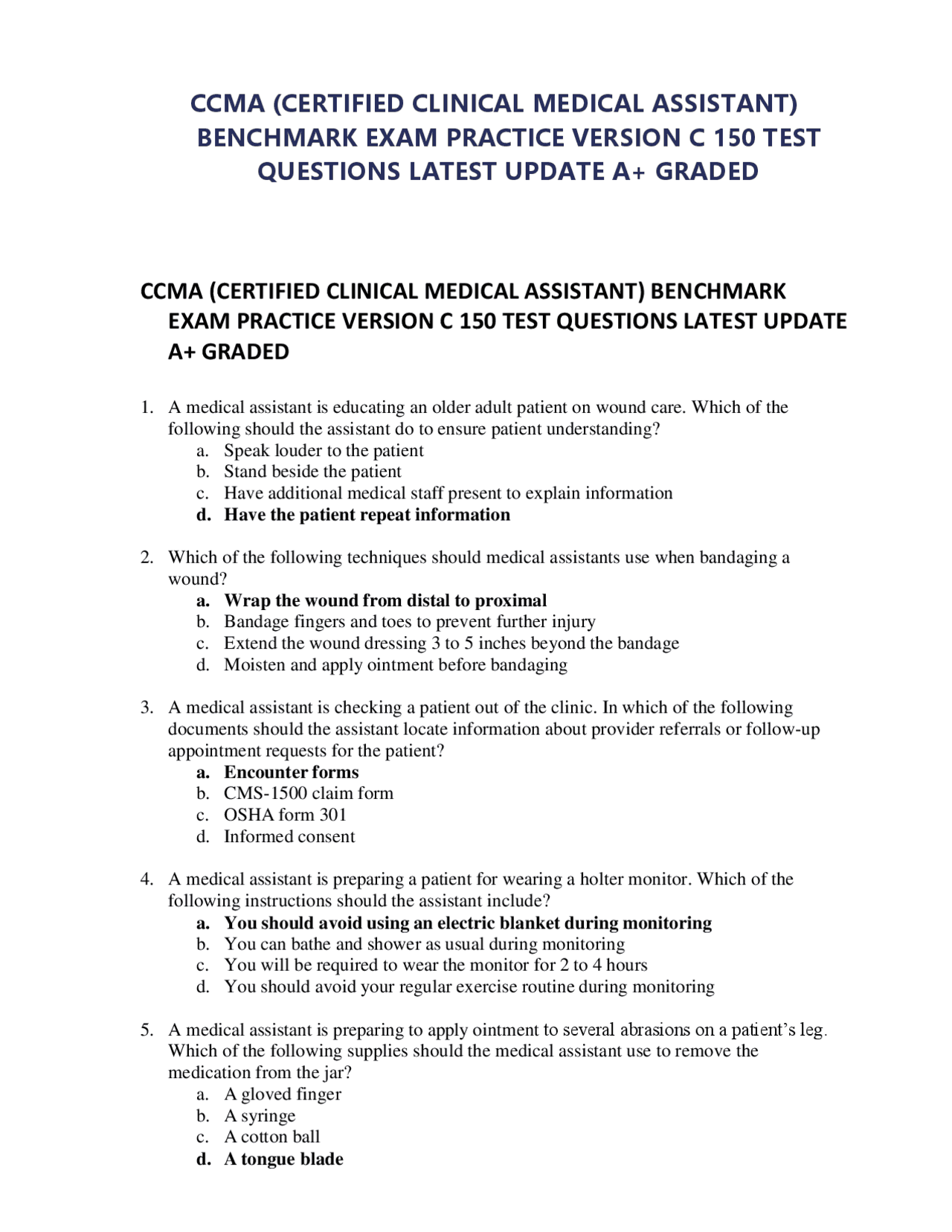 CCMA (CERTIFIED CLINICAL MEDICAL ASSISTANT) BENCHMARK EXAM PRACTICE ...