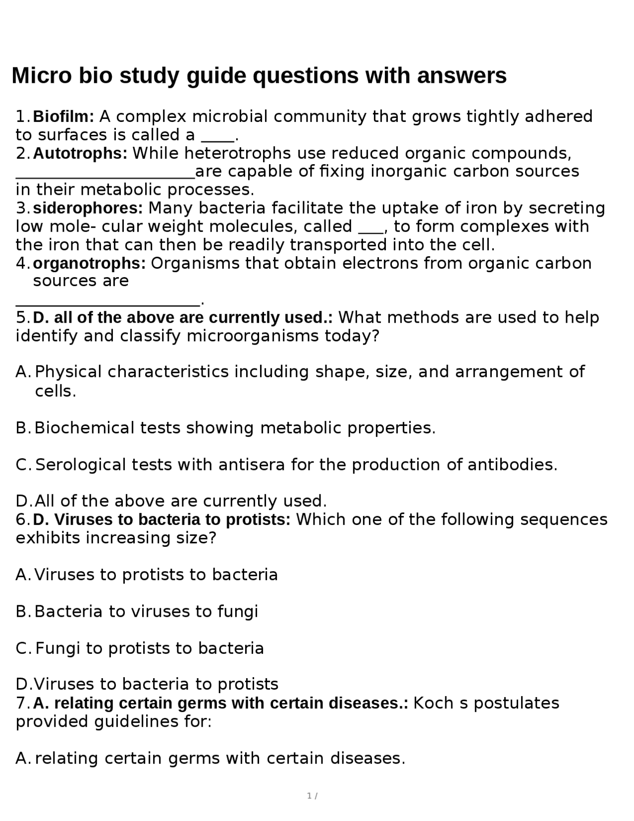 Micro bio study guide questions with answers | Exams Microbiology | Docsity