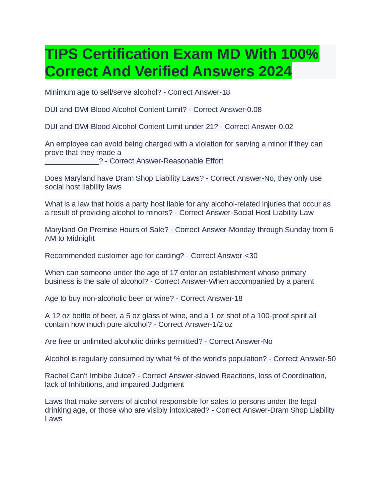 TIPS Certification Exam MD With 100% Correct And Verified Answers 2024 ...