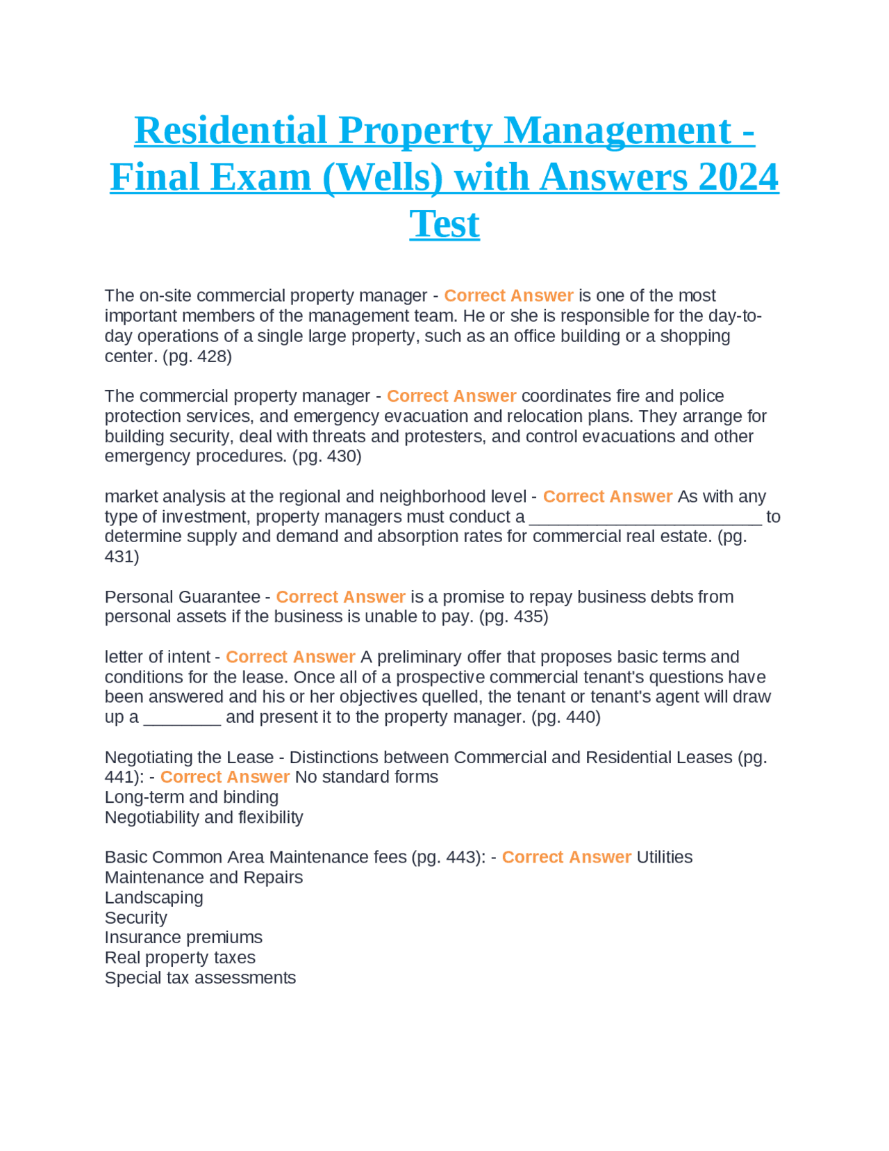 Residential Property Management - Final Exam (Wells) with Answers 2024 ...