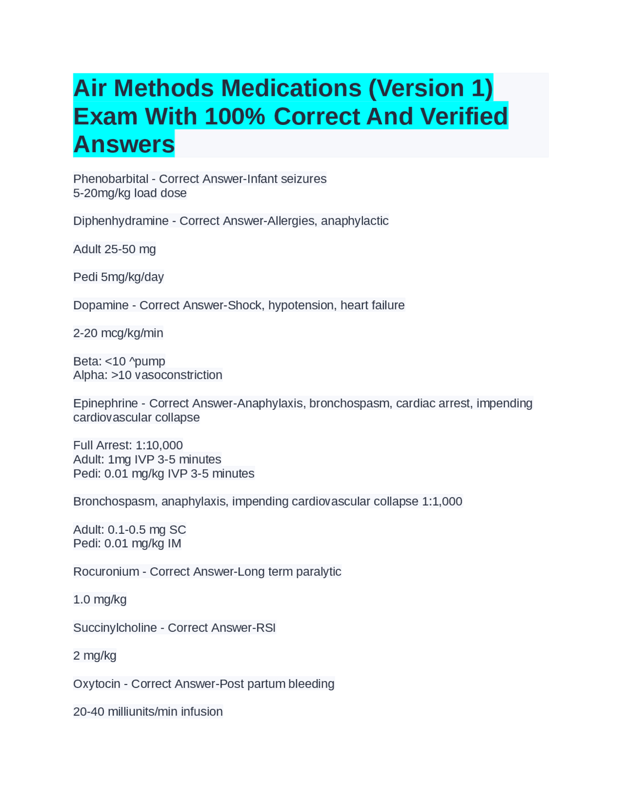 Air Methods Medications (Version 1) Exam With 100% Correct And Verified ...