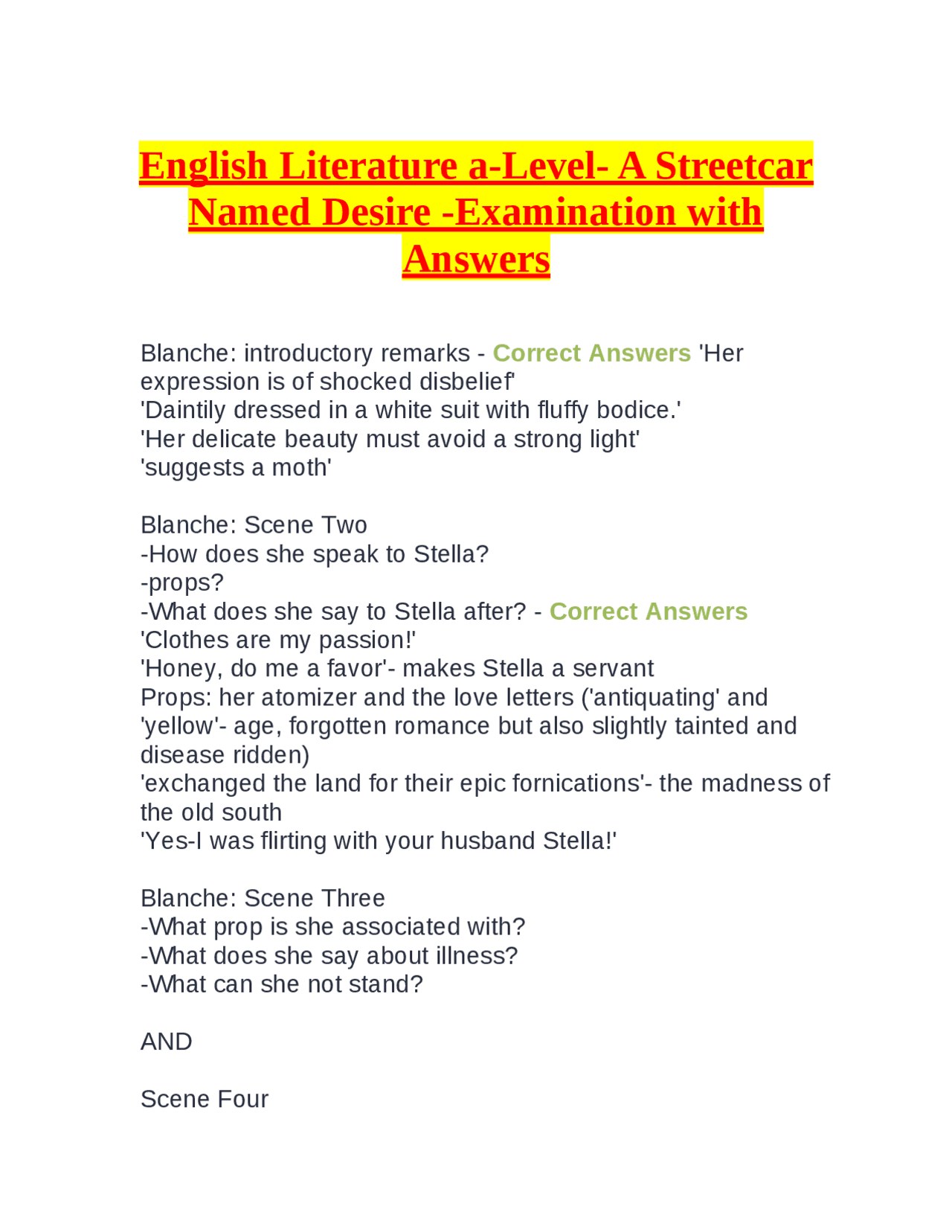 English Literature a-Level- A Streetcar Named Desire -Examination with ...