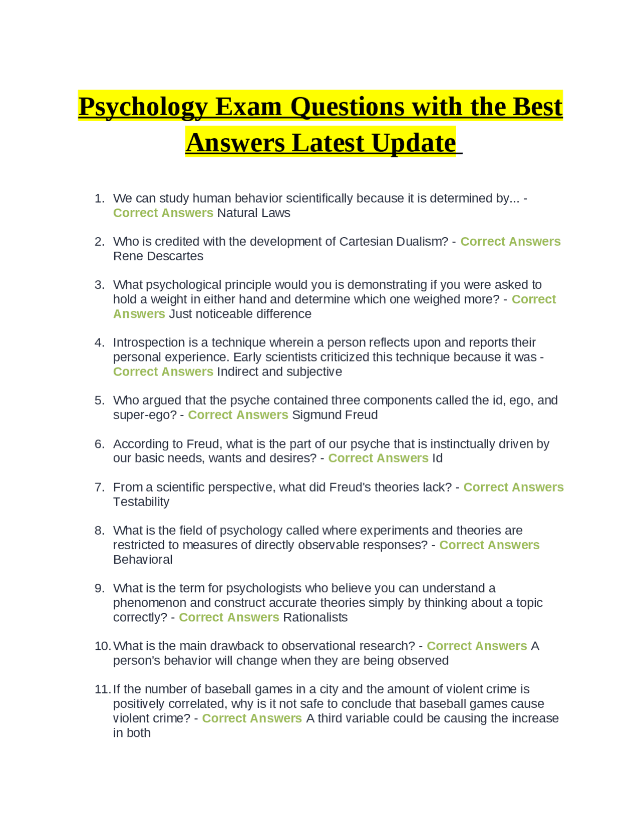 Psychology Exam Questions with the Best Answers Latest Update | Exams ...
