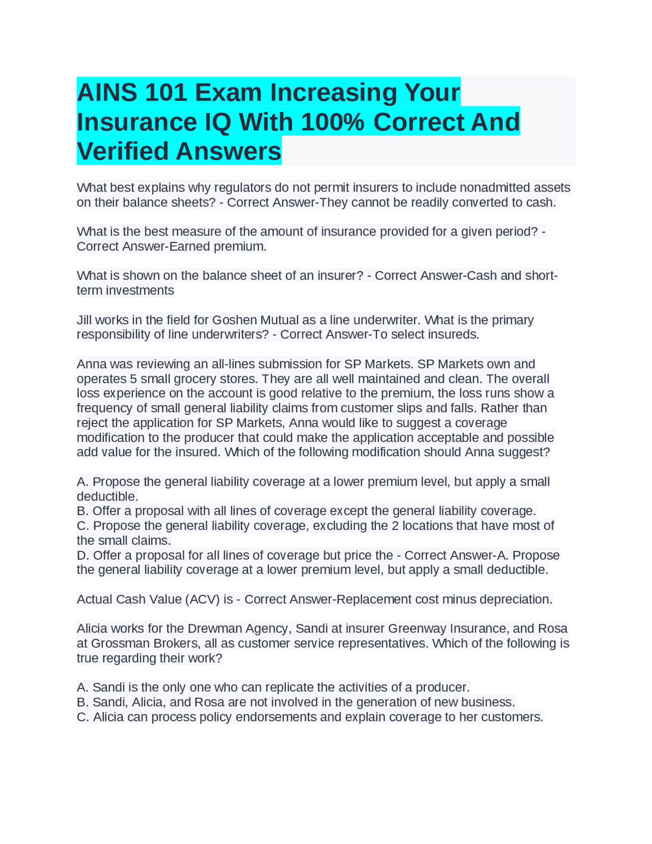 AINS 101 Exam Increasing Your Insurance IQ With 100% Correct And ...