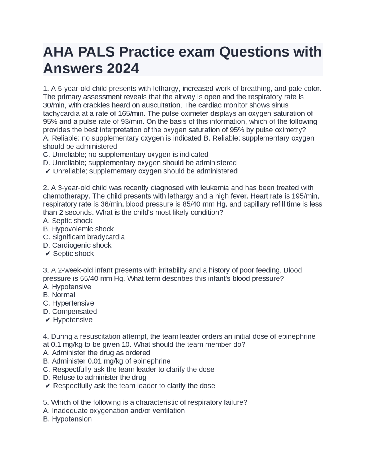 AHA PALS Practice exam Questions with Answers 2024 | Exams Nursing ...