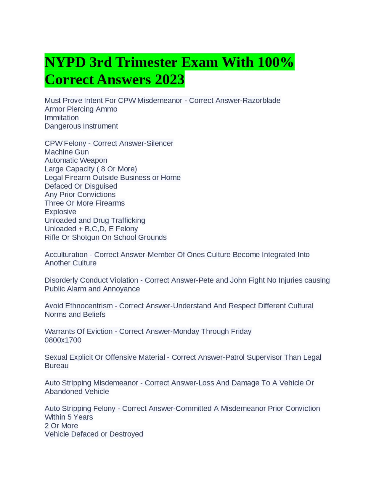 NYPD 3rd Trimester Exam With 100% Correct Answers 2023 | Exams Advanced ...
