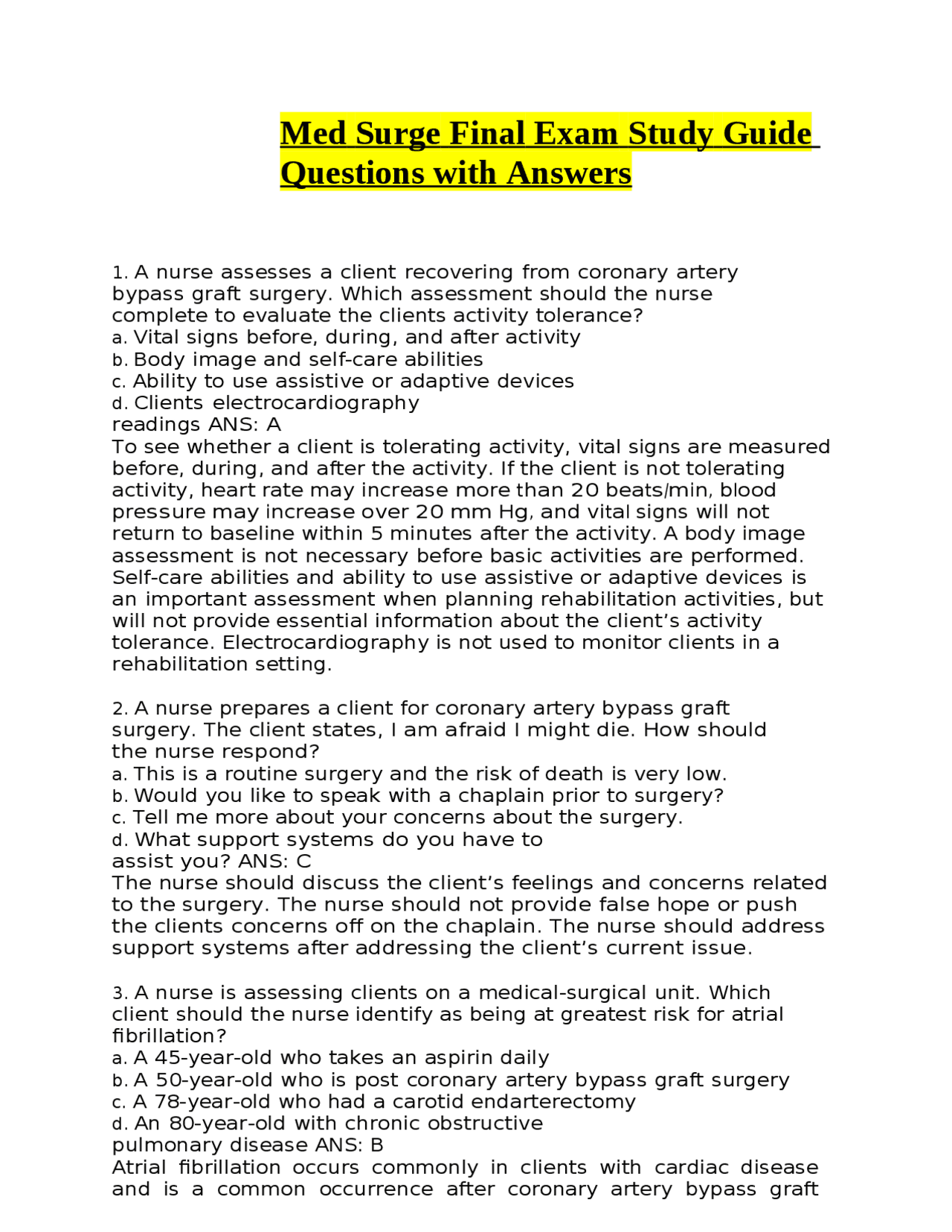Med Surge Final Exam Study Guide Questions with Answers | Exams Nursing ...