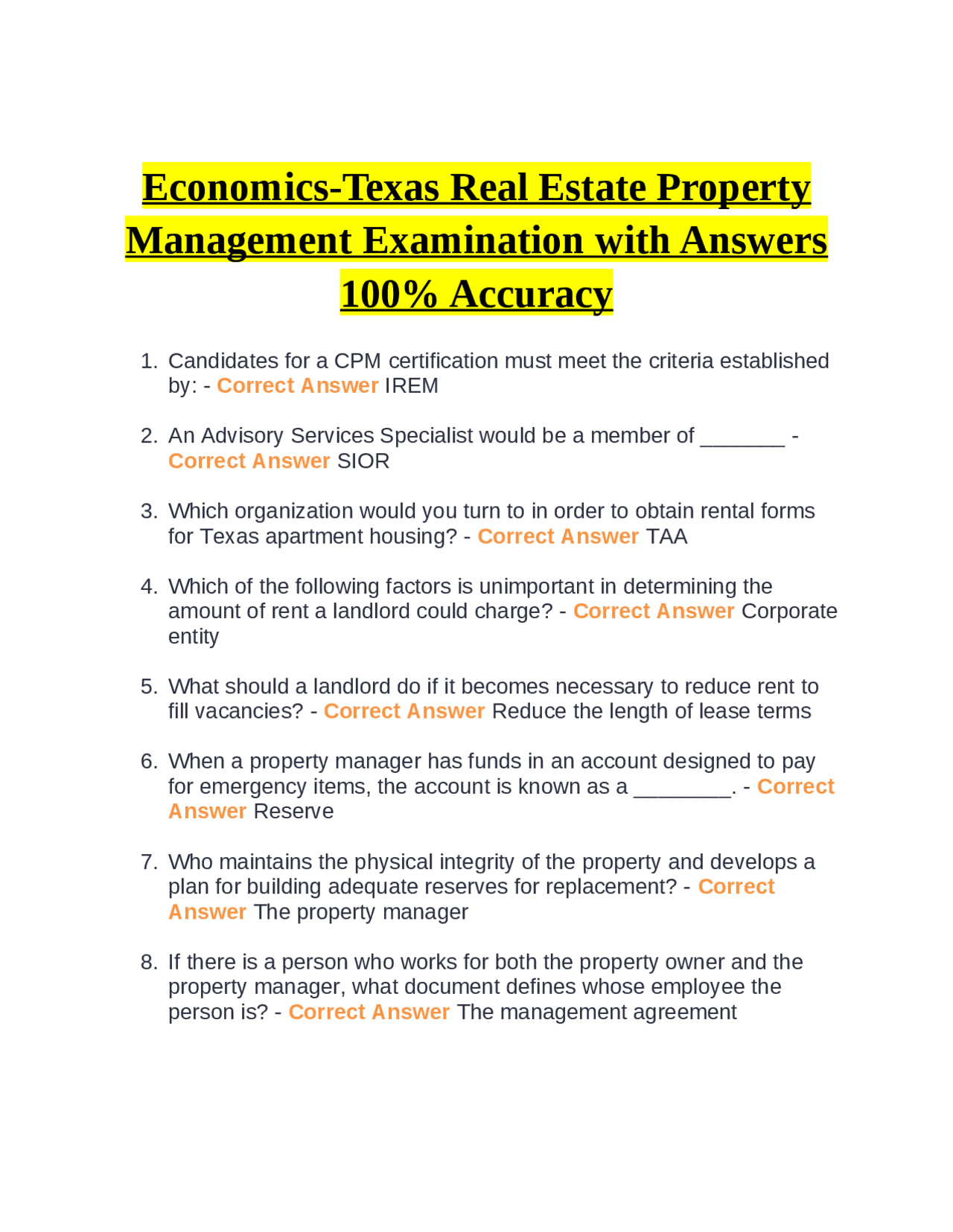 Economics-Texas Real Estate Property Management Examination with ...