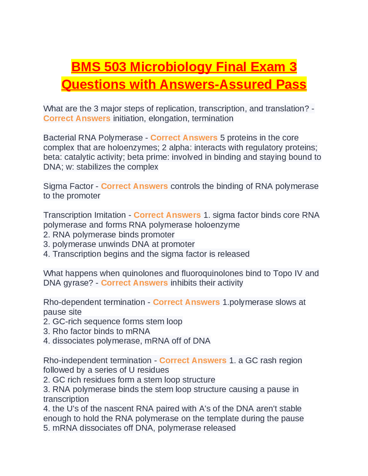 BMS 503 Microbiology Final Exam 3 Questions with Answers-Assured Pass | Exams Nursing | Docsity
