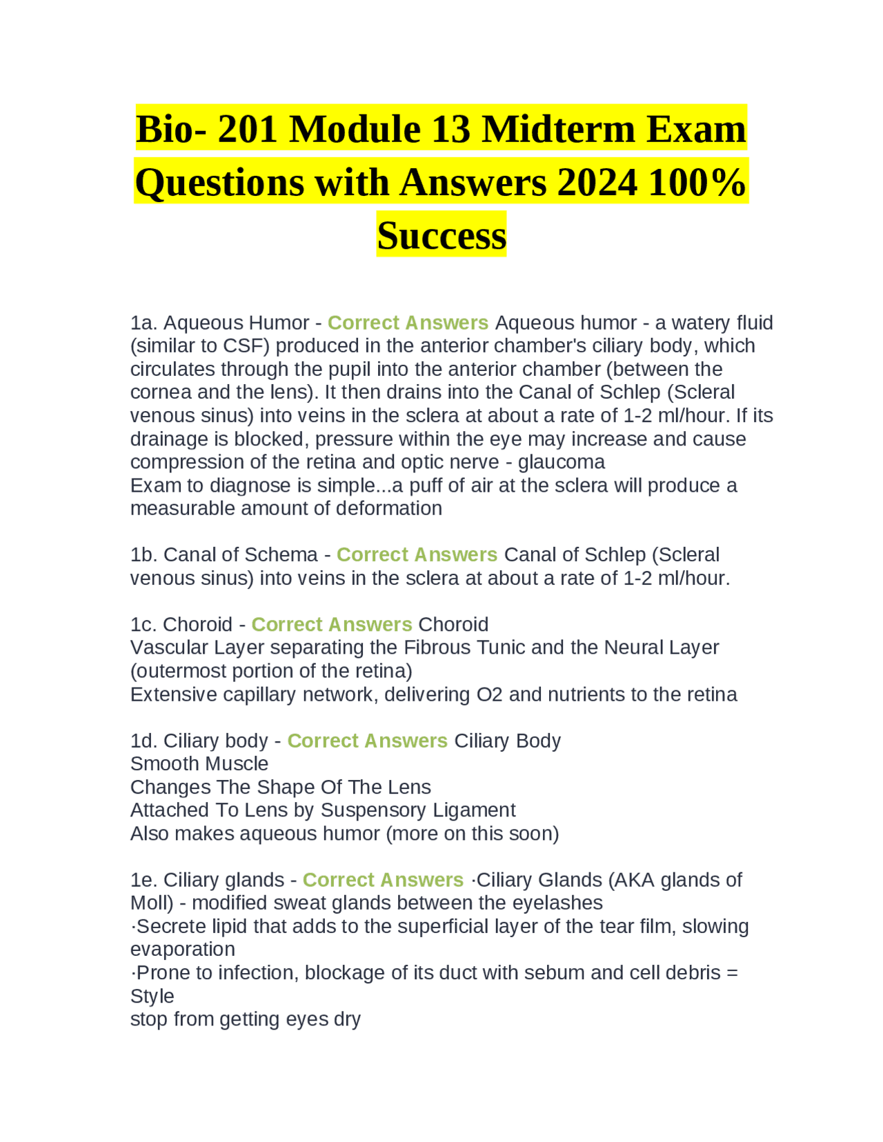 Bio- 201 Module 13 Midterm Exam Questions with Answers 2024 100% ...