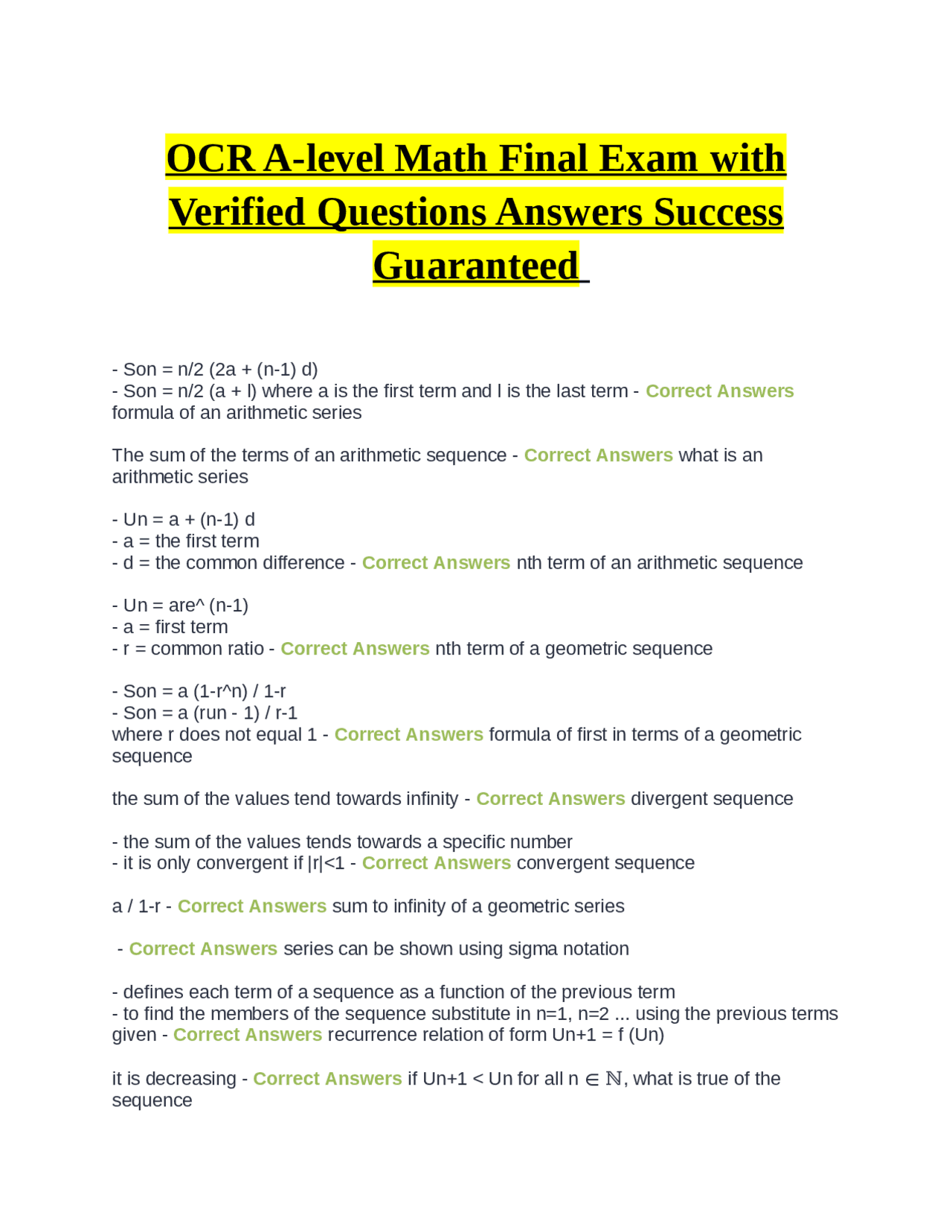 OCR A-level Math Final Exam with Verified Questions Answers Success Guaranteed | Exams Nursing ...