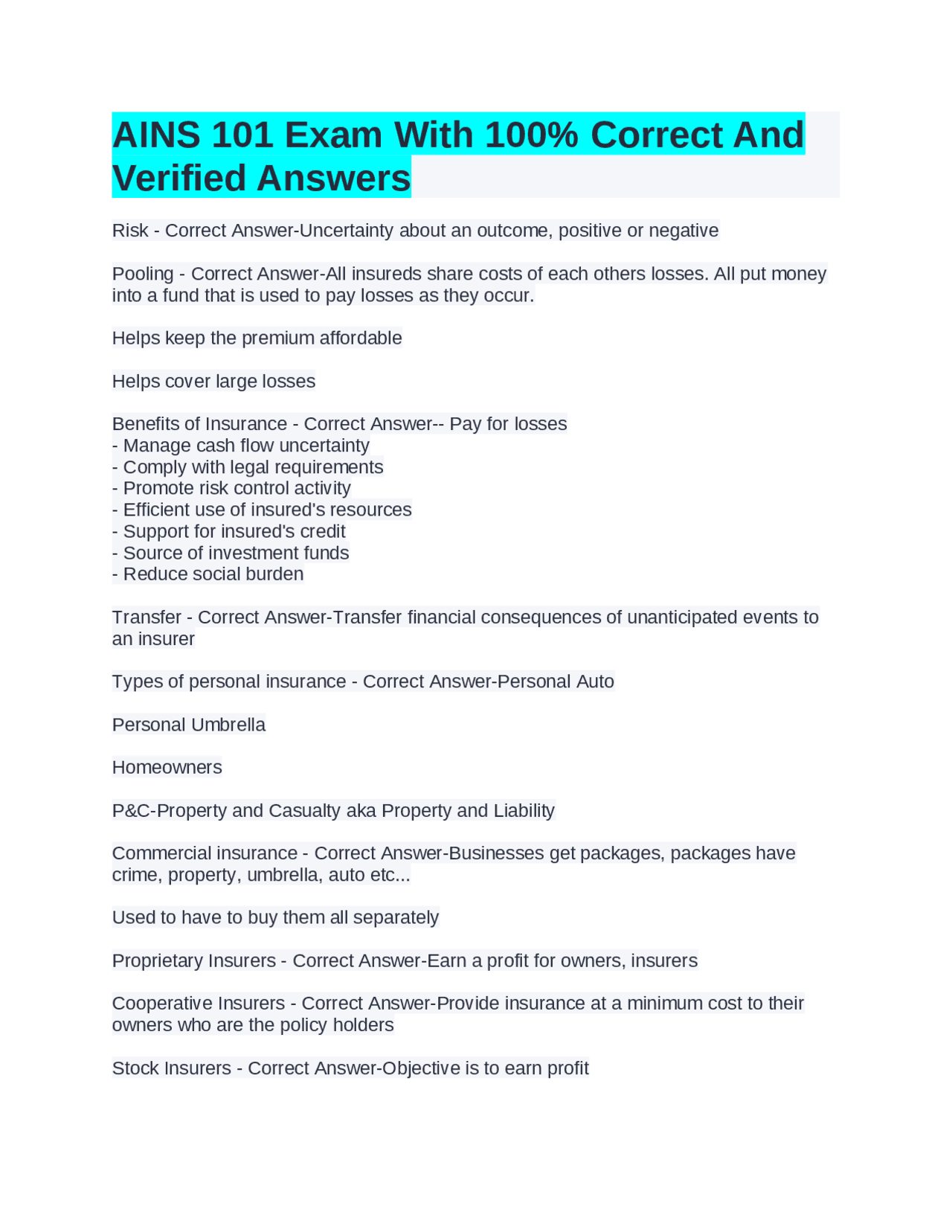 AINS 101 Exam With 100% Correct And Verified Answers | Exams Advanced ...