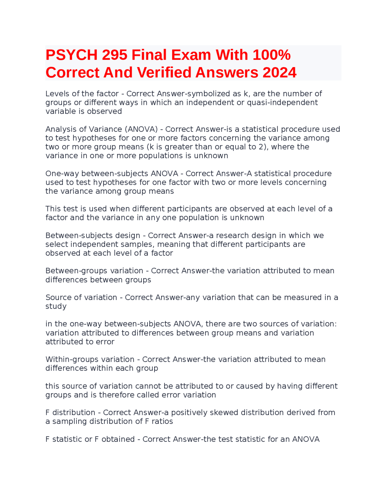 PSYCH 295 Final Exam With 100% Correct And Verified Answers 2024 | Exams Advanced Education ...