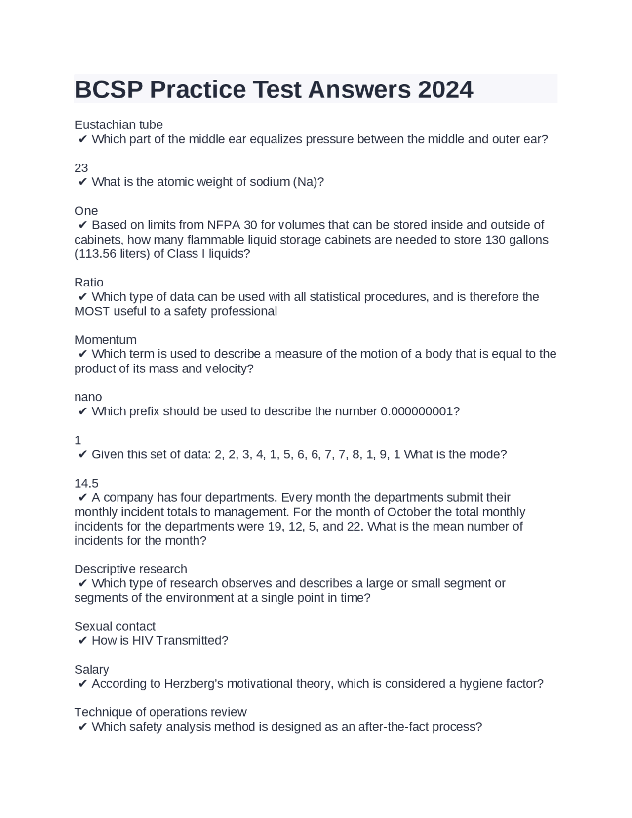 BCSP Practice Test Answers 2024 | Exams Engineering | Docsity