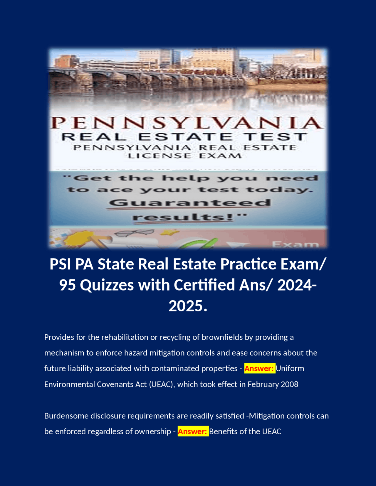 PSI PA State Real Estate Practice Exam/ 95 Quizzes with Certified Ans ...