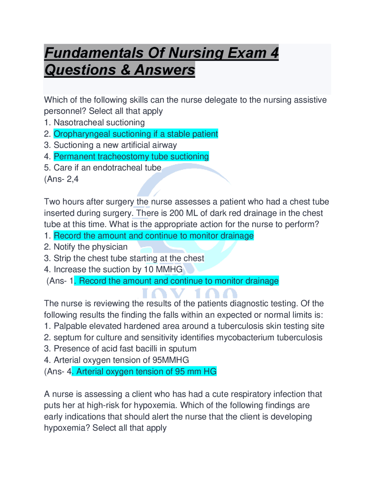Exam 4) Fundamentals Of Nursing Exam 4: Questions & Answers: Latest ...