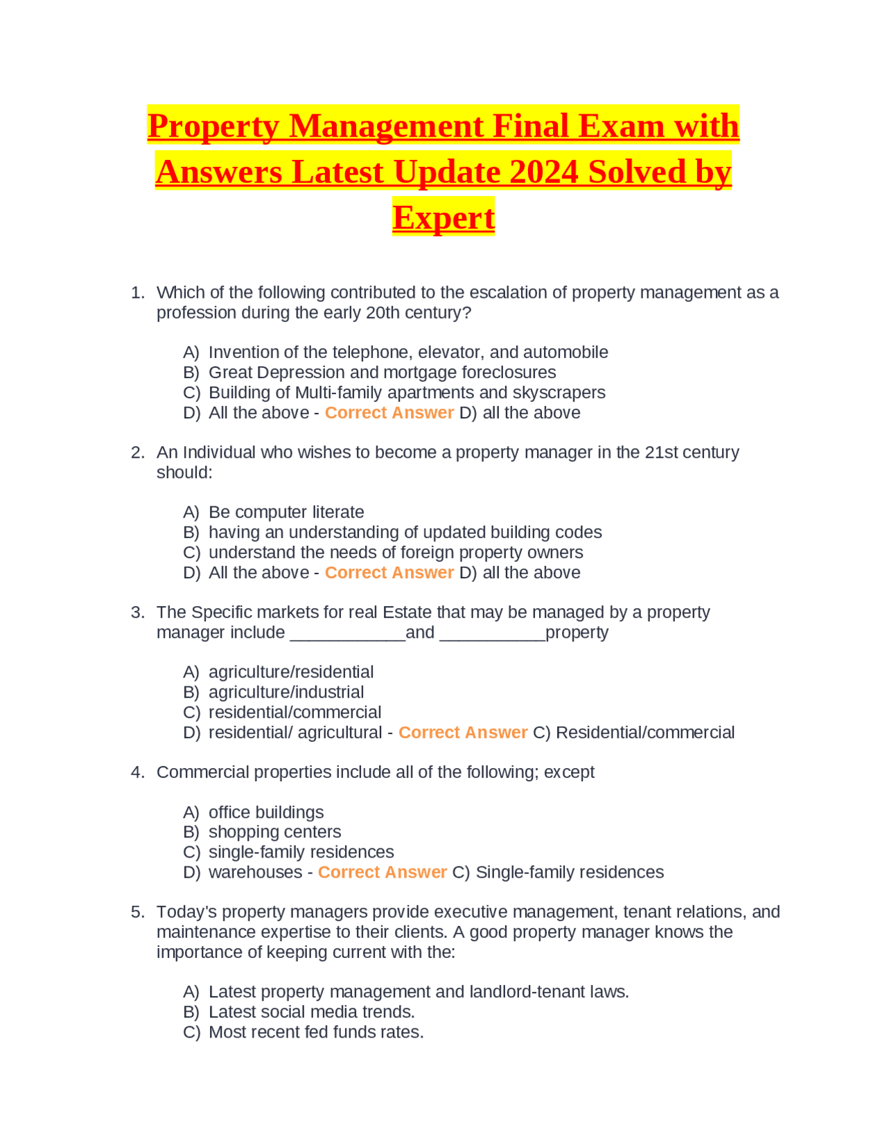Property Management Final Exam with Answers Latest Update 2024 Solved ...