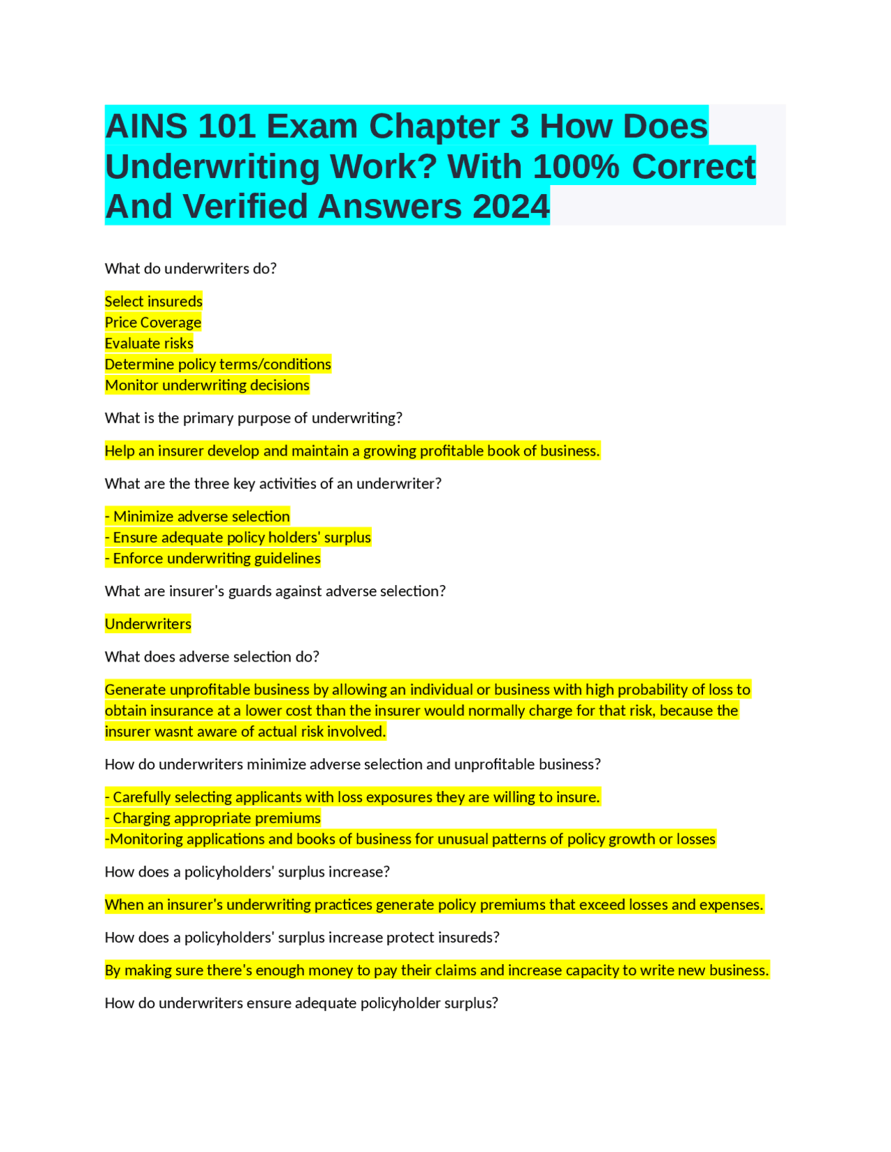 AINS 101 Exam Chapter 3 How Does Underwriting Work? With 100% Correct ...