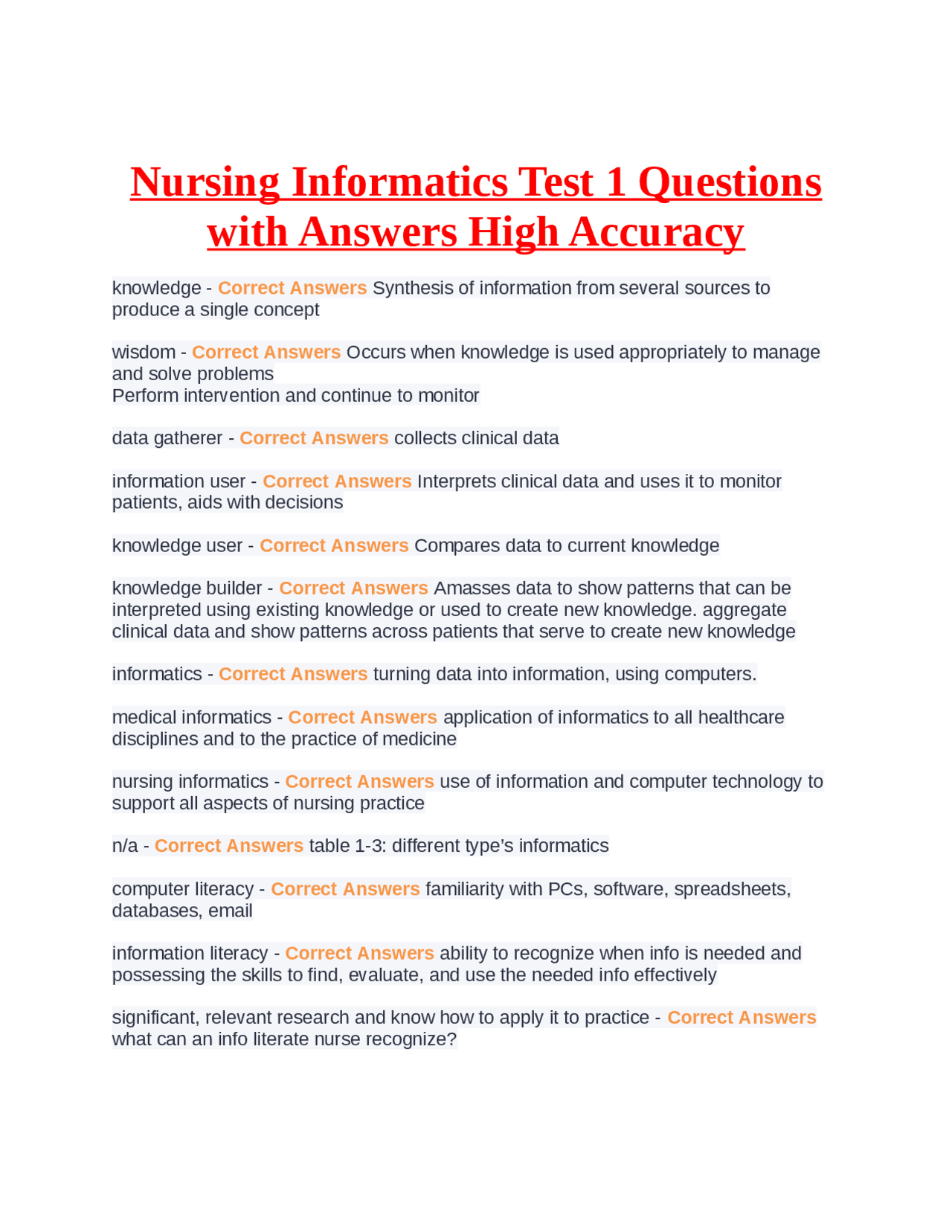 Nursing Informatics Test 1 Questions with Answers High Accuracy | Exams ...