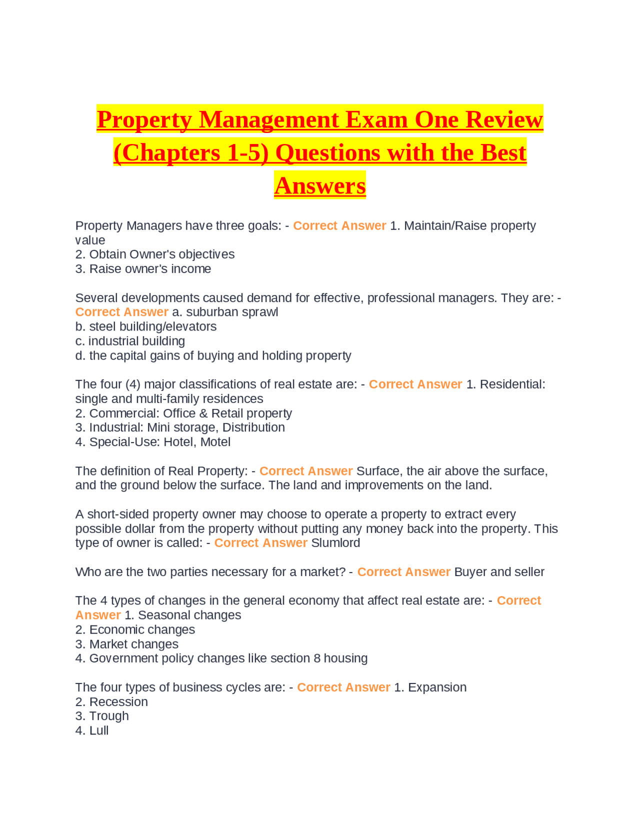Property Management Exam One Review (Chapters 1-5) Questions with the ...
