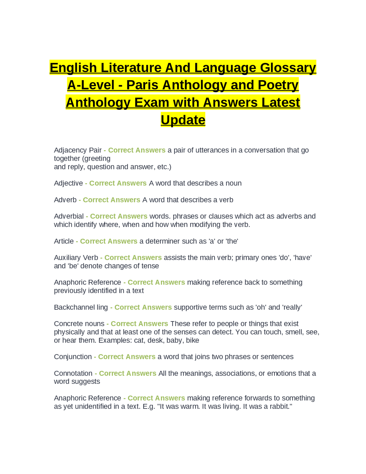 English Literature And Language Glossary A-Level - Paris Anthology and ...