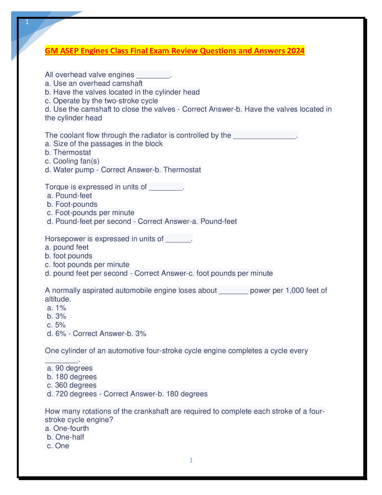 GM ASEP Engines Class Final Exam Review Questions and Answers 2024 ...