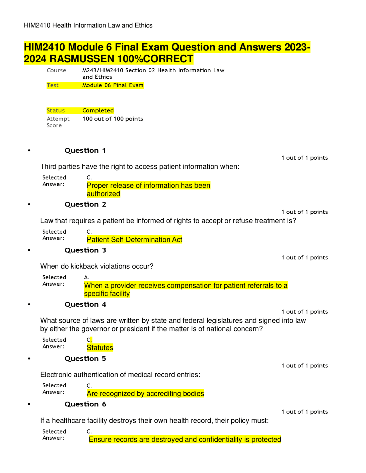 HIM2410 Module 6 Final Exam Question and Answers 2023- 2024 RASMUSSEN ...