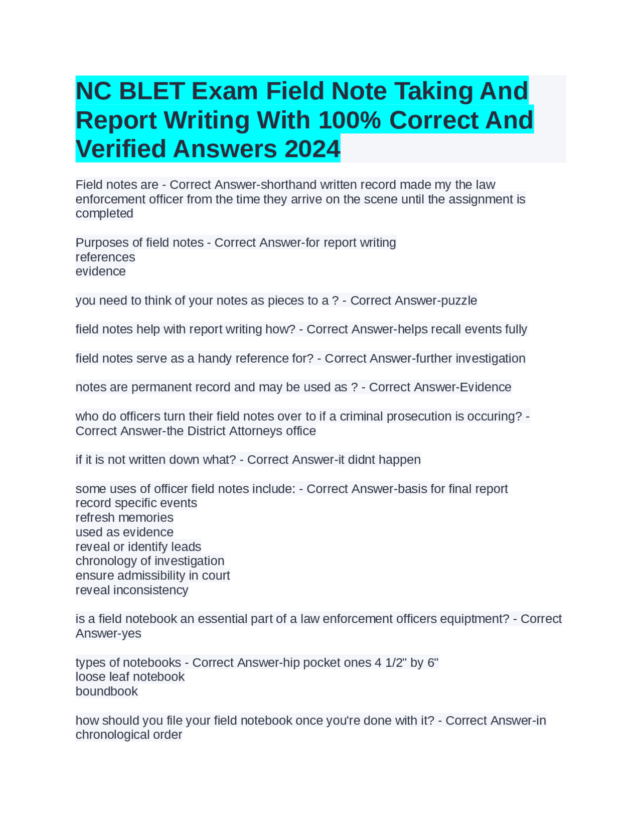 NC BLET Exam Field Note Taking And Report Writing With 100% Correct And ...