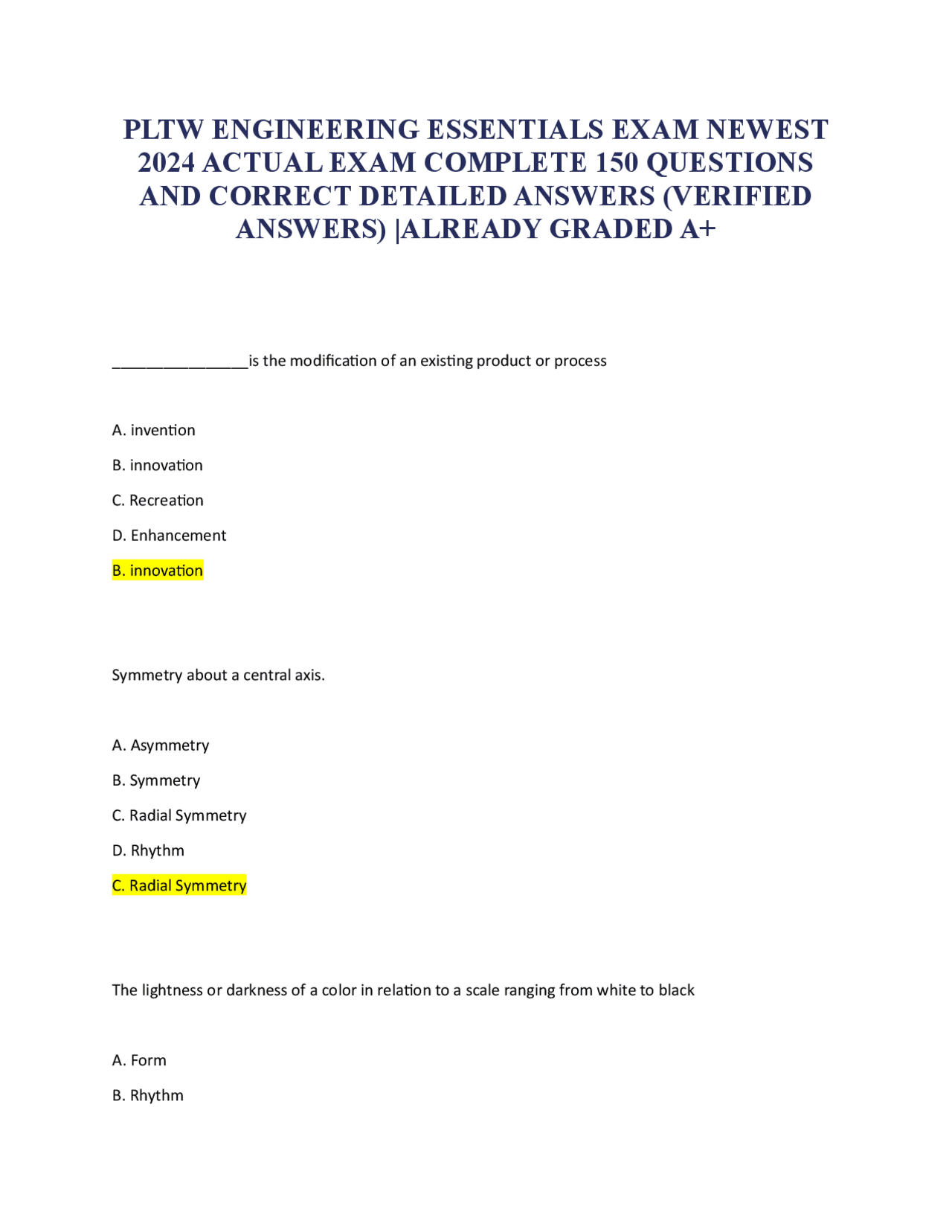 PLTW ENGINEERING ESSENTIALS EXAM NEWEST 2024 ACTUAL EXAM COMPLETE ...