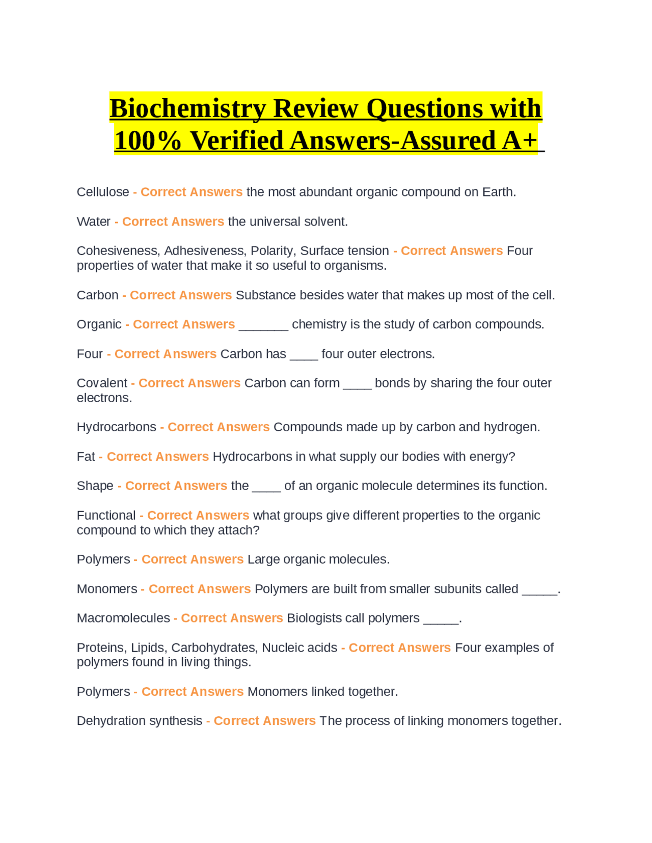 Biochemistry Review Questions with 100% Verified Answers-Assured A+ ...