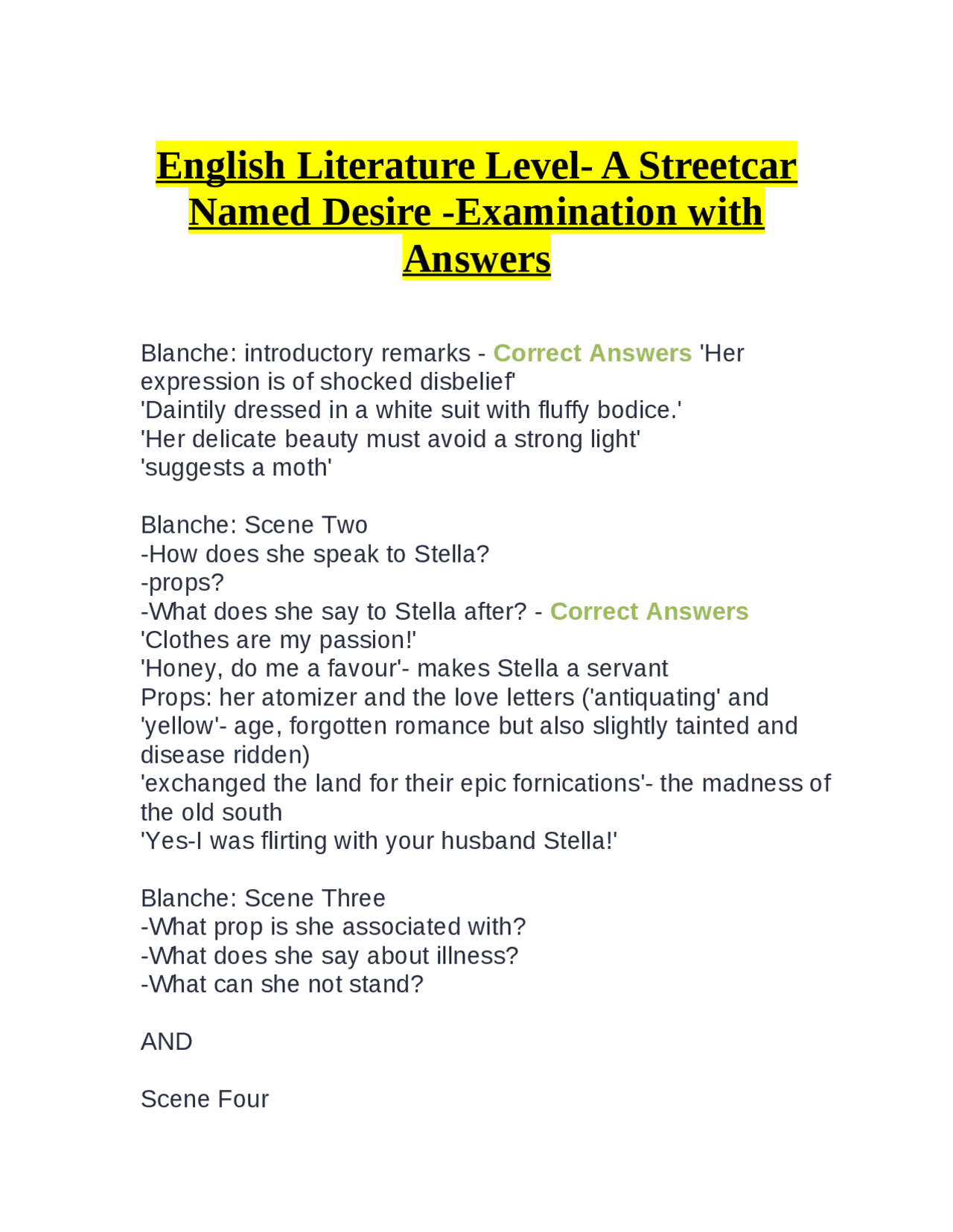 English Literature Level- A Streetcar Named Desire -Examination with ...