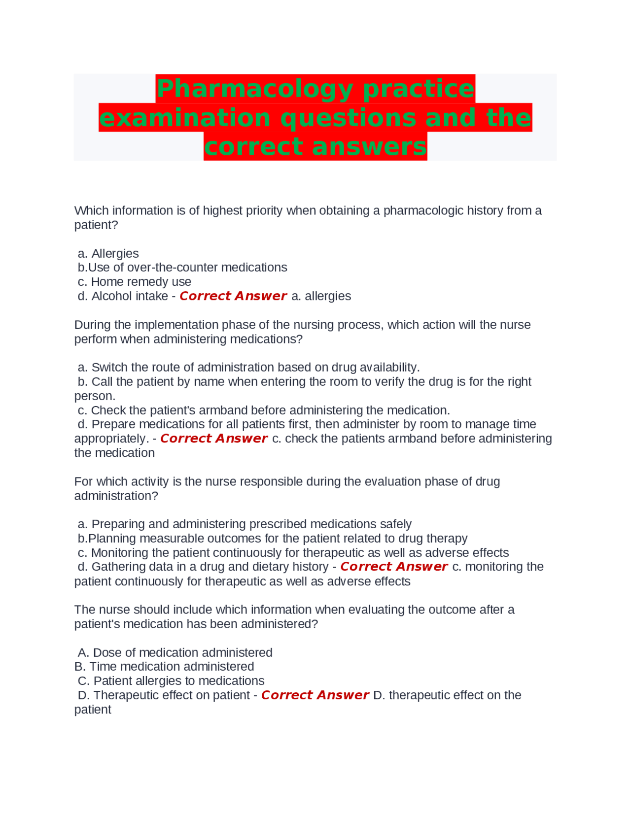 Pharmacology practice examination questions and the correct answers ...