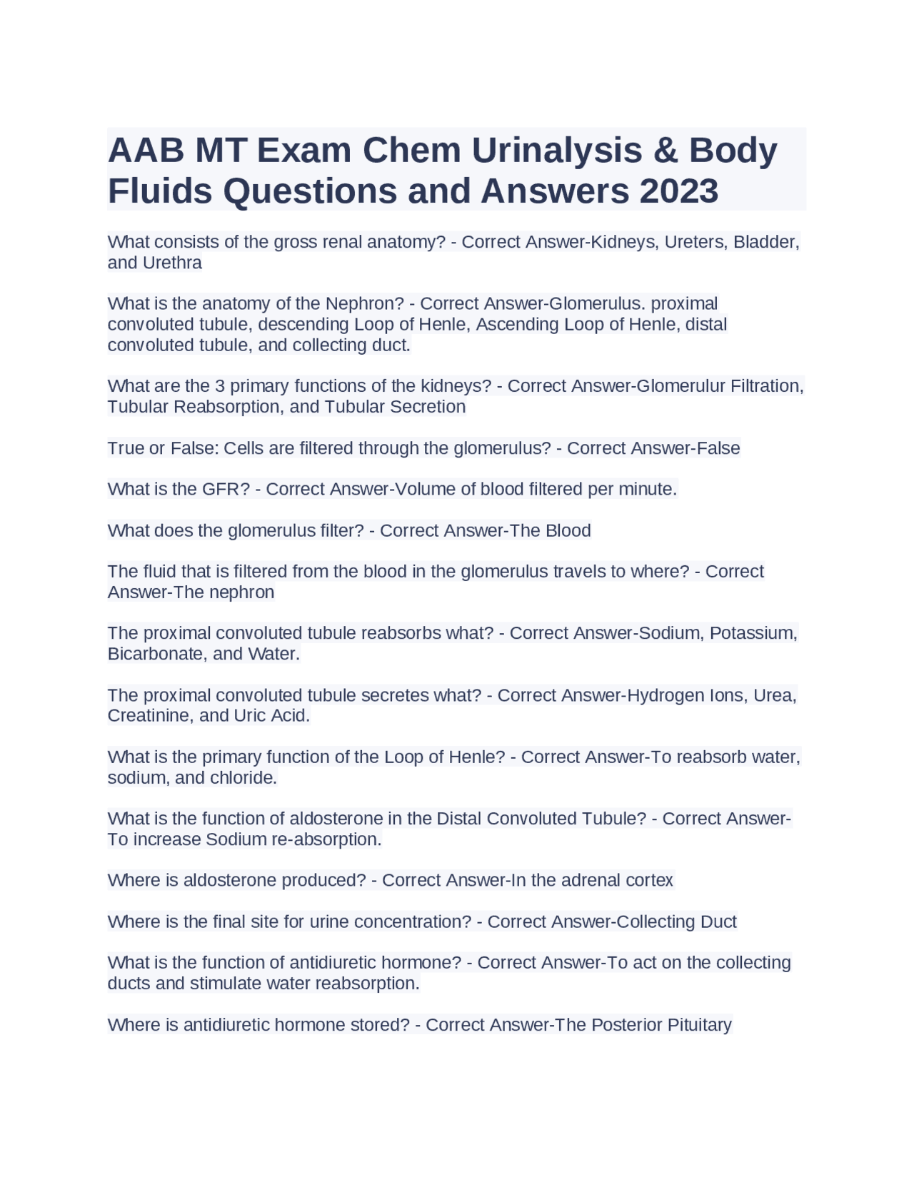AAB MT Exam Chem Urinalysis & Body Fluids Questions and Answers 2023 ...