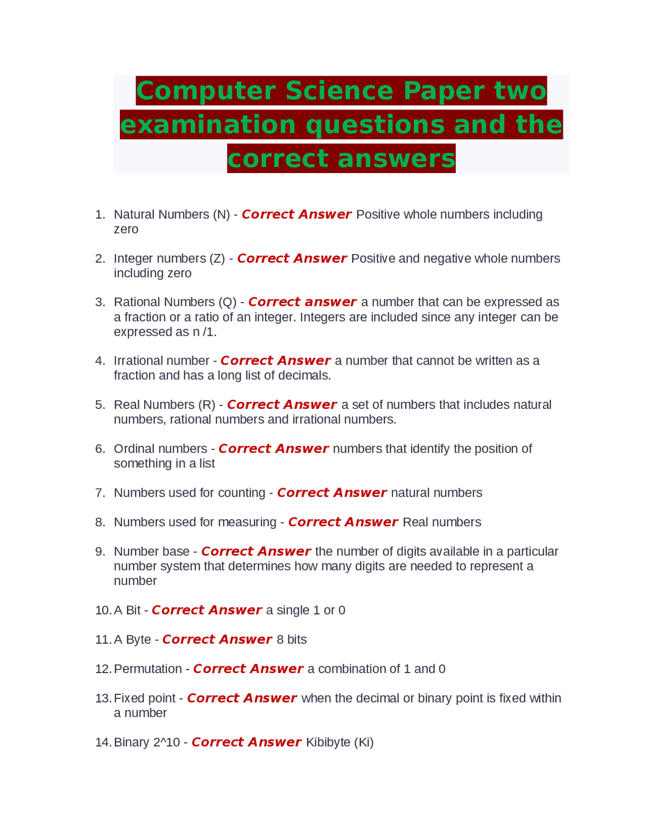 Computer Science Paper two examination questions and the correct answers | Exams Computer ...