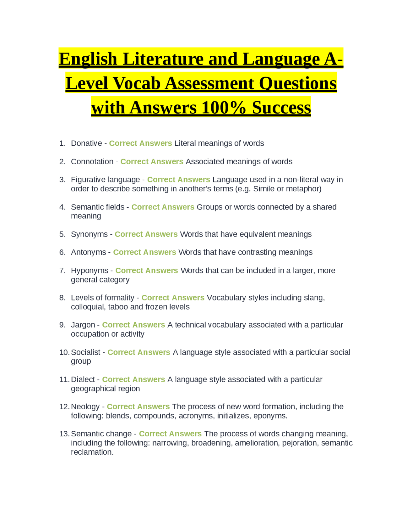 English Literature and Language A-Level Vocab Assessment Questions with ...