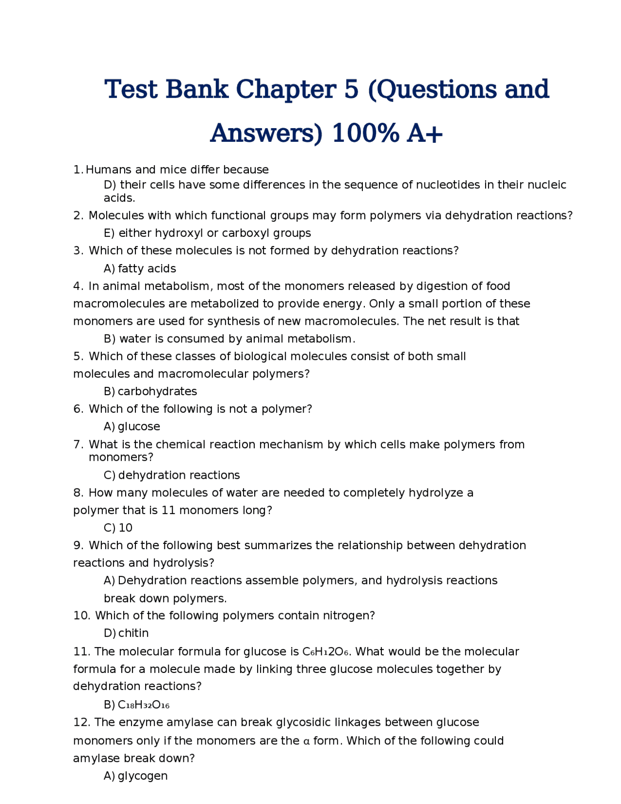 Test Bank Chapter 5 (Questions and Answers) 100% A+ | Exams Biology ...