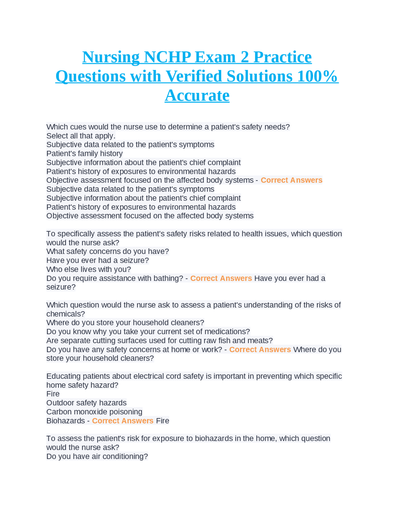 Nursing NCHP Exam 2 Practice Questions with Verified Solutions 100% ...