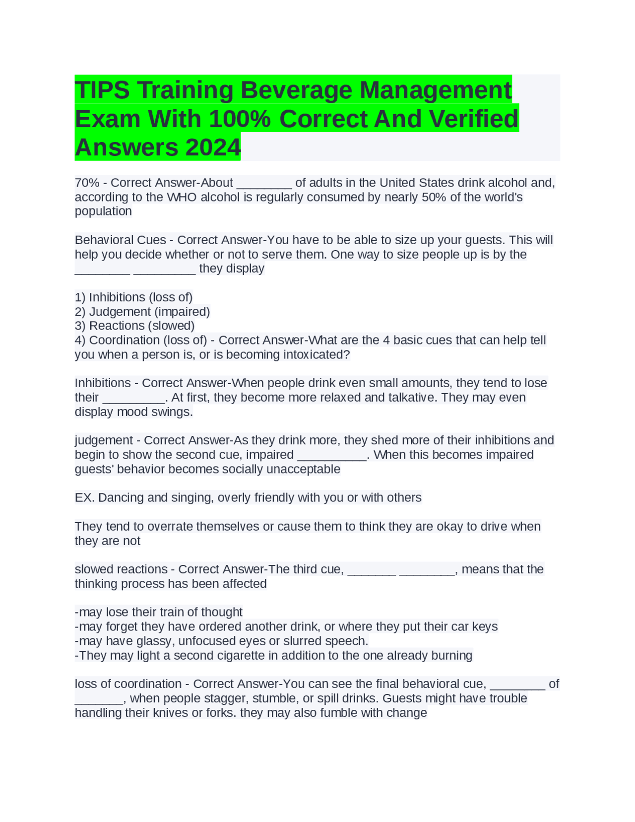 TIPS Training Beverage Management Exam With 100% Correct And Verified ...