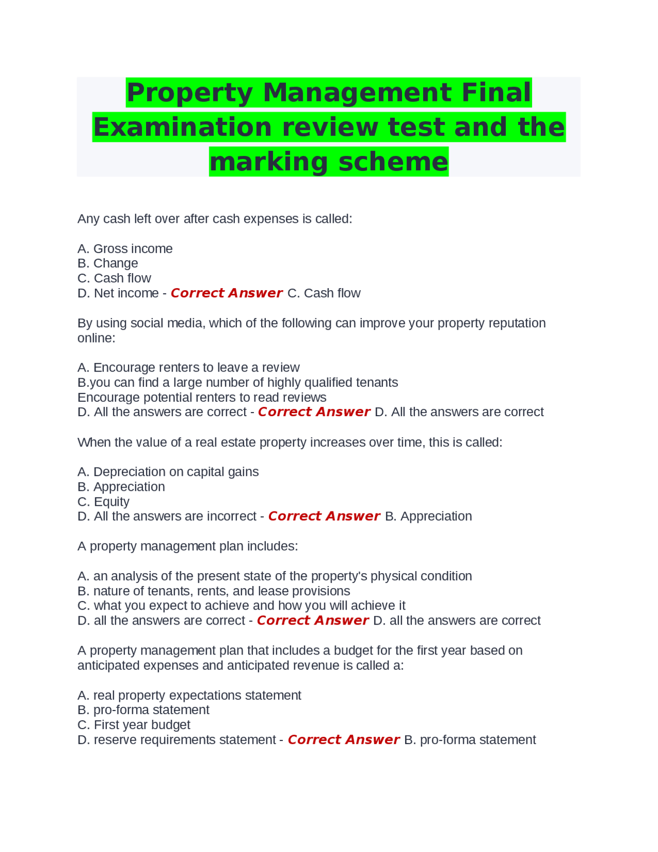 Property Management Final Examination review test and the marking ...