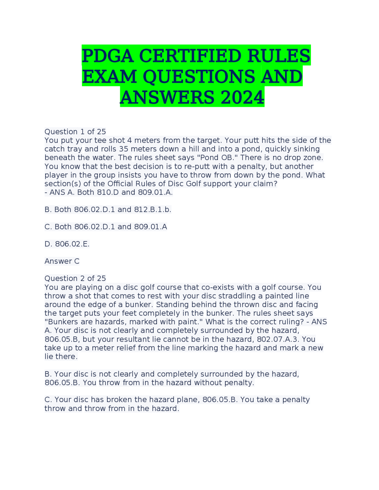 PDGA CERTIFIED RULES EXAM QUESTIONS AND ANSWERS 2024 | Exams Psychology ...