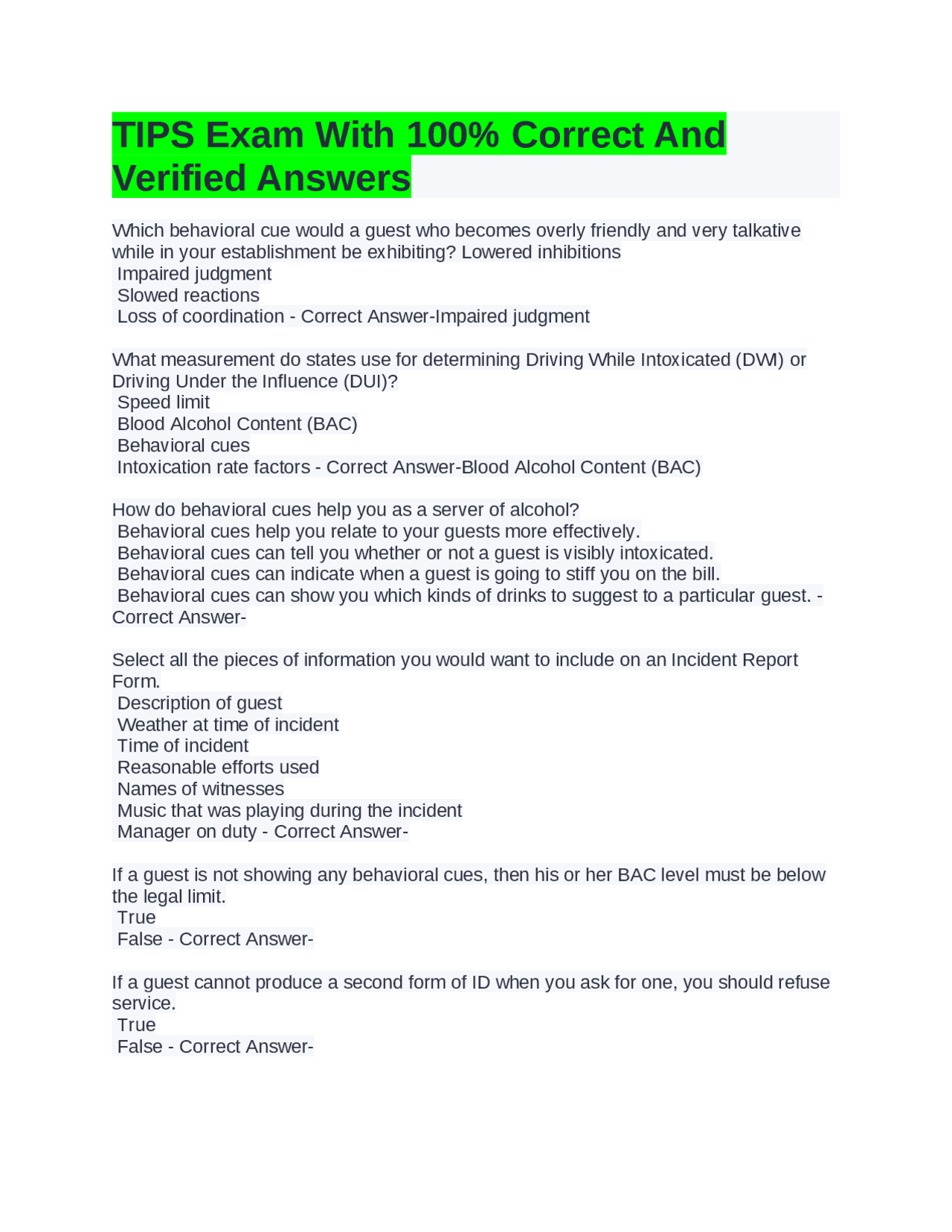 TIPS Exam With 100% Correct And Verified Answers | Exams Advanced ...